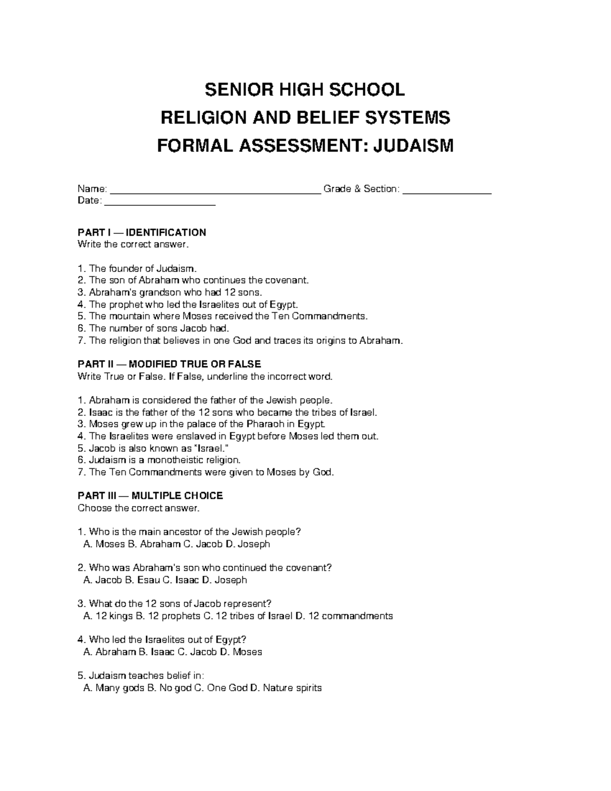 SENIOR HIGH SCHOOL RELIGION FORMAL ASSESSMENT: JUDAISM TEST - Studocu