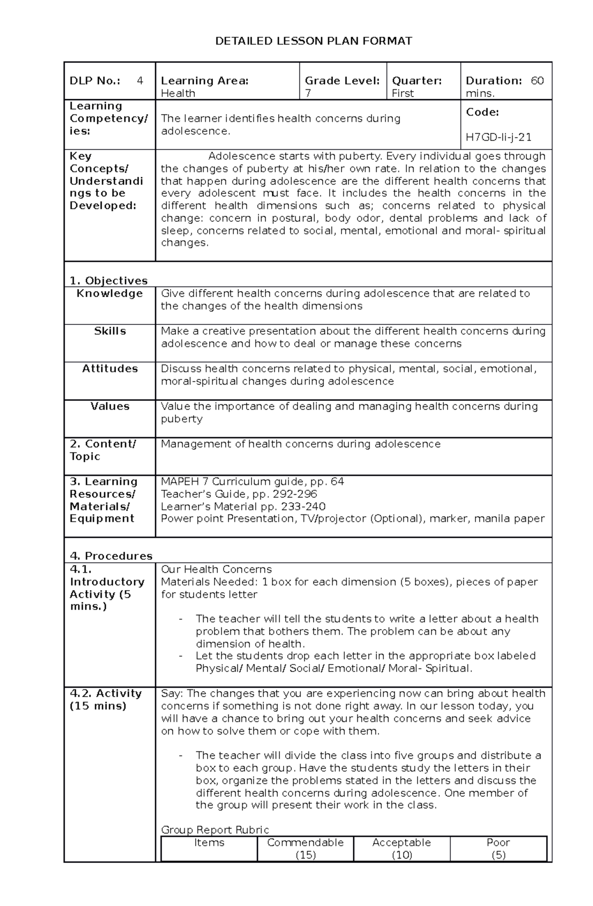 27 health dlp - DLP MAPEH 7 - DETAILED LESSON PLAN FORMAT DLP No.: 4 Learning Area: Health Grade ...