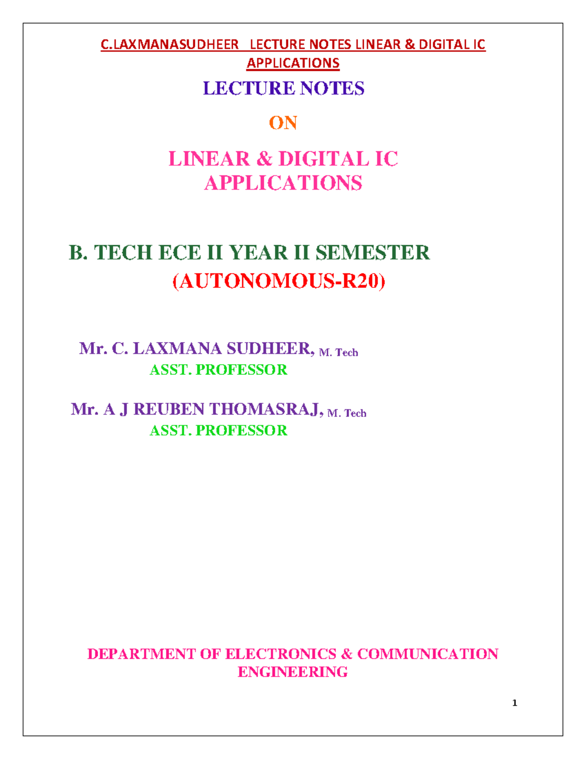 Lecture Notes on Linear Digital IC Applications (20EC0411) by C ...