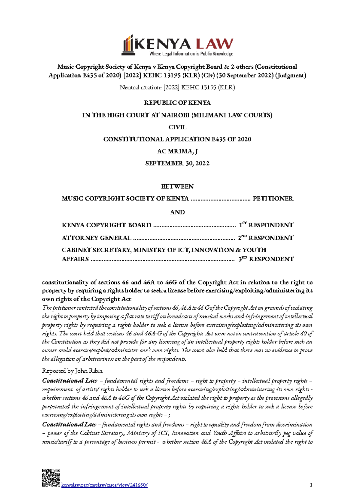 MCSK v. Kenya Copyright Board: Constitutional Application E435/2020 ...