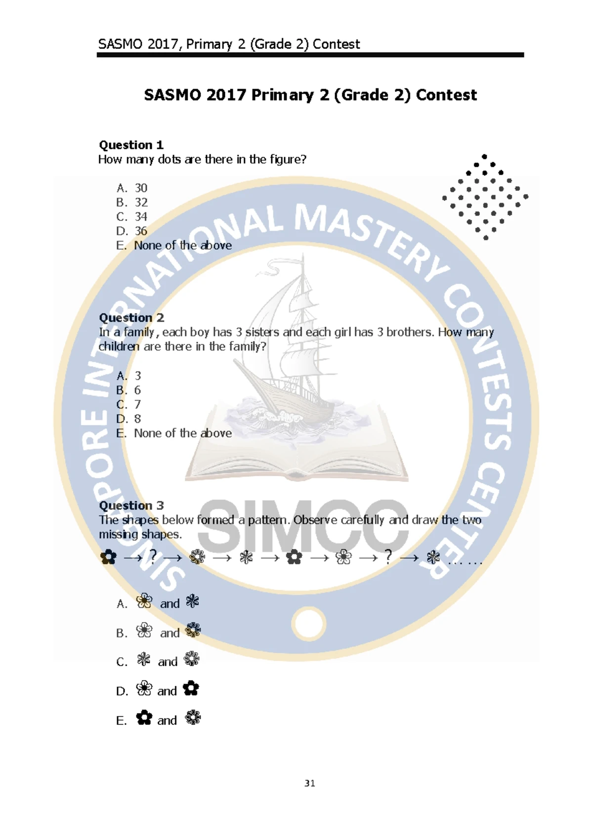 Sasmo 2017 Grade 3 - TUNIX SCHOOL: Junior Mathematical Olympiad - SASMO ...