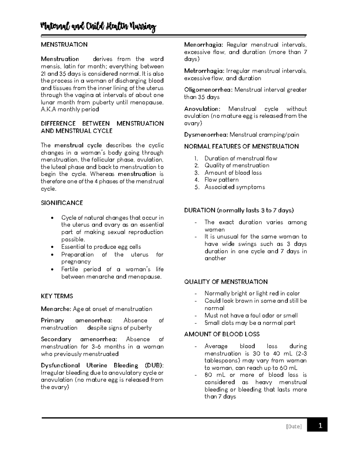 MCHN Notes: Understanding Menstruation in Maternal Health - Studocu