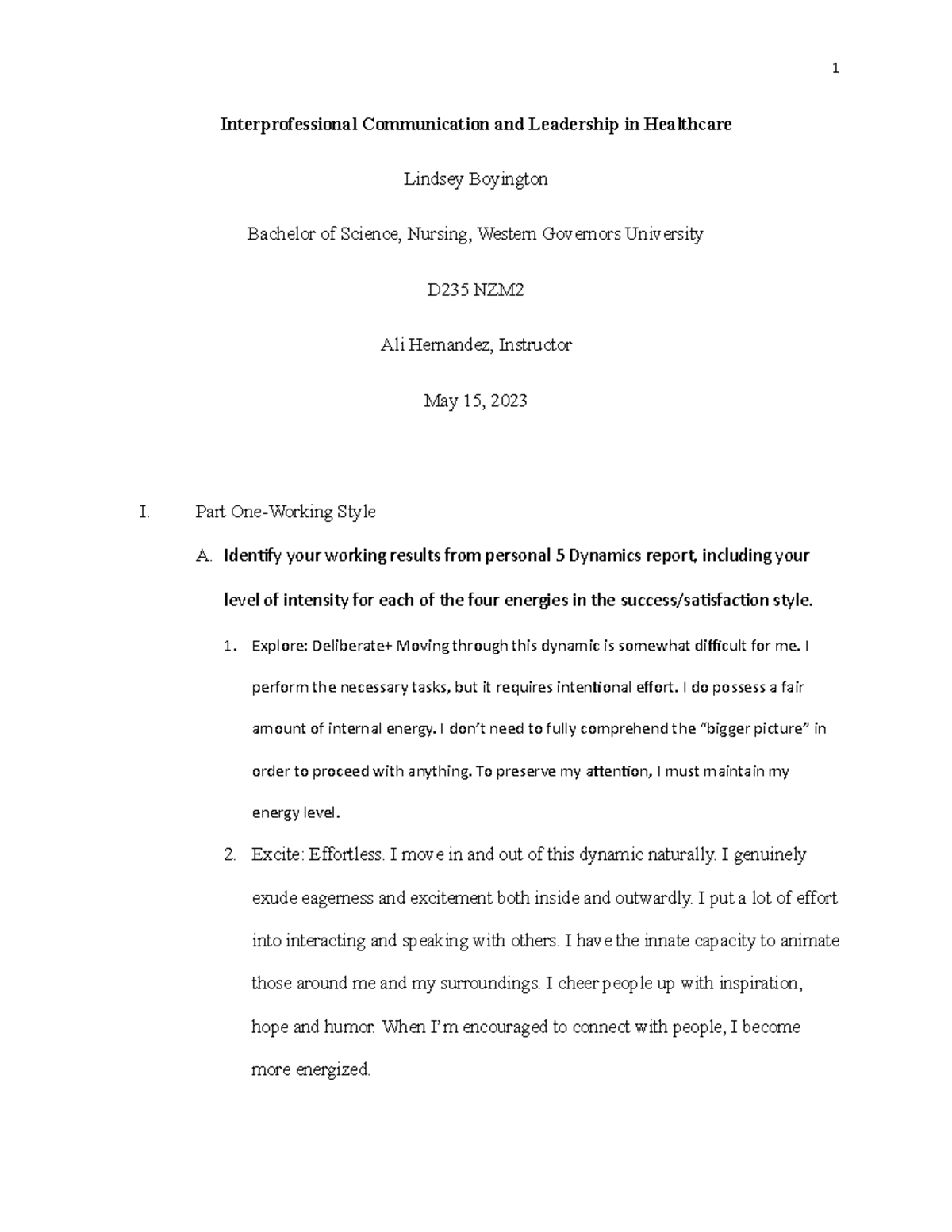 WGU D235 NZM - Task 1: Interprofessional Comm & Leadership in ...