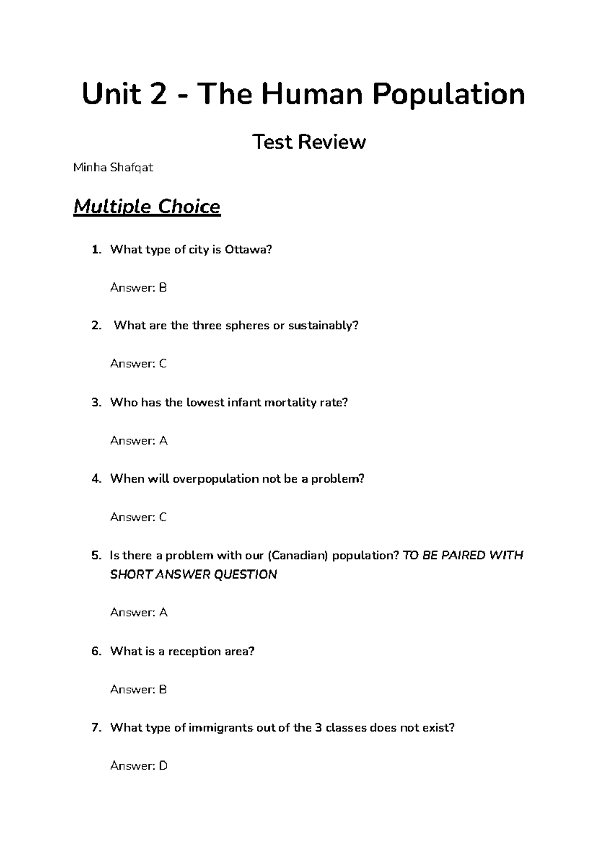 Unit 2 - Human Population Test Review with Answers and Insights - Studocu