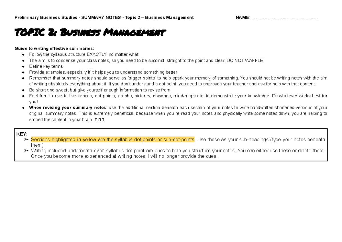 Topic 2: Business Management Summary Notes (Preliminary Business ...