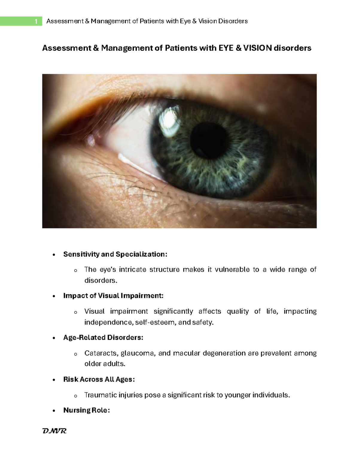 DNVR Assessment Management of Patients with Eye Vision Disorders - Studocu