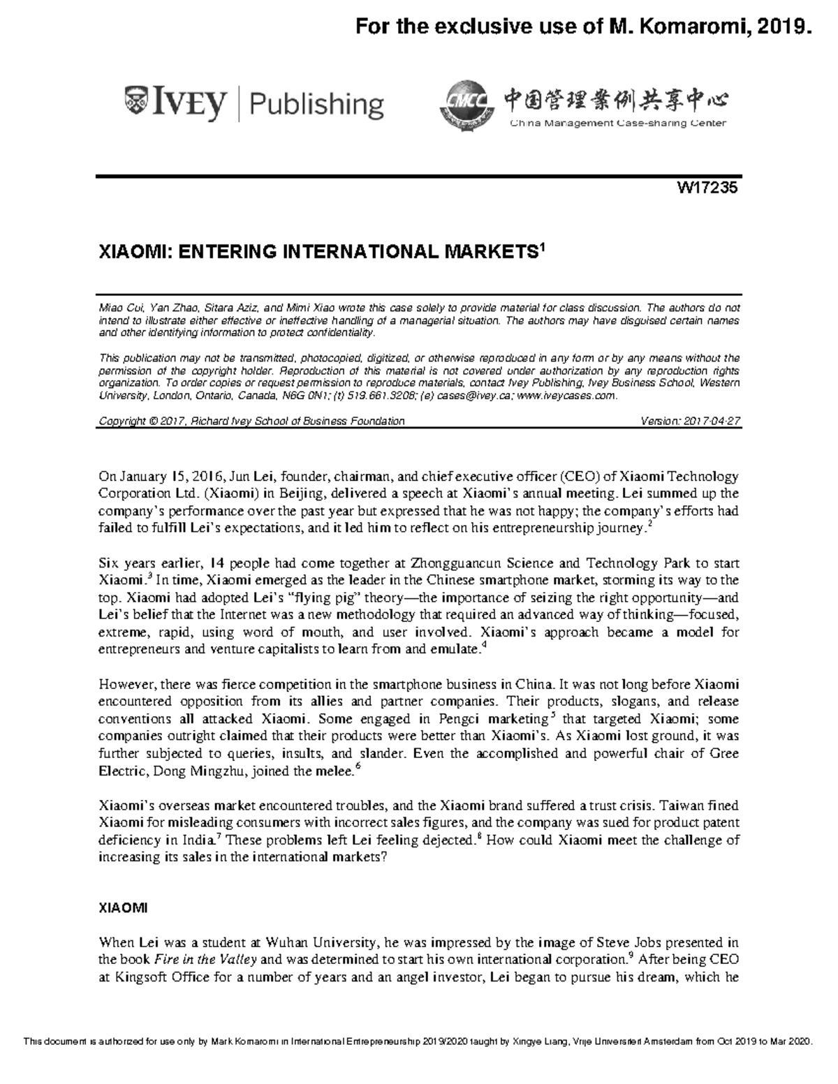 Xiaomi Entering international markets pdf - W XIAOMI: ENTERING ...