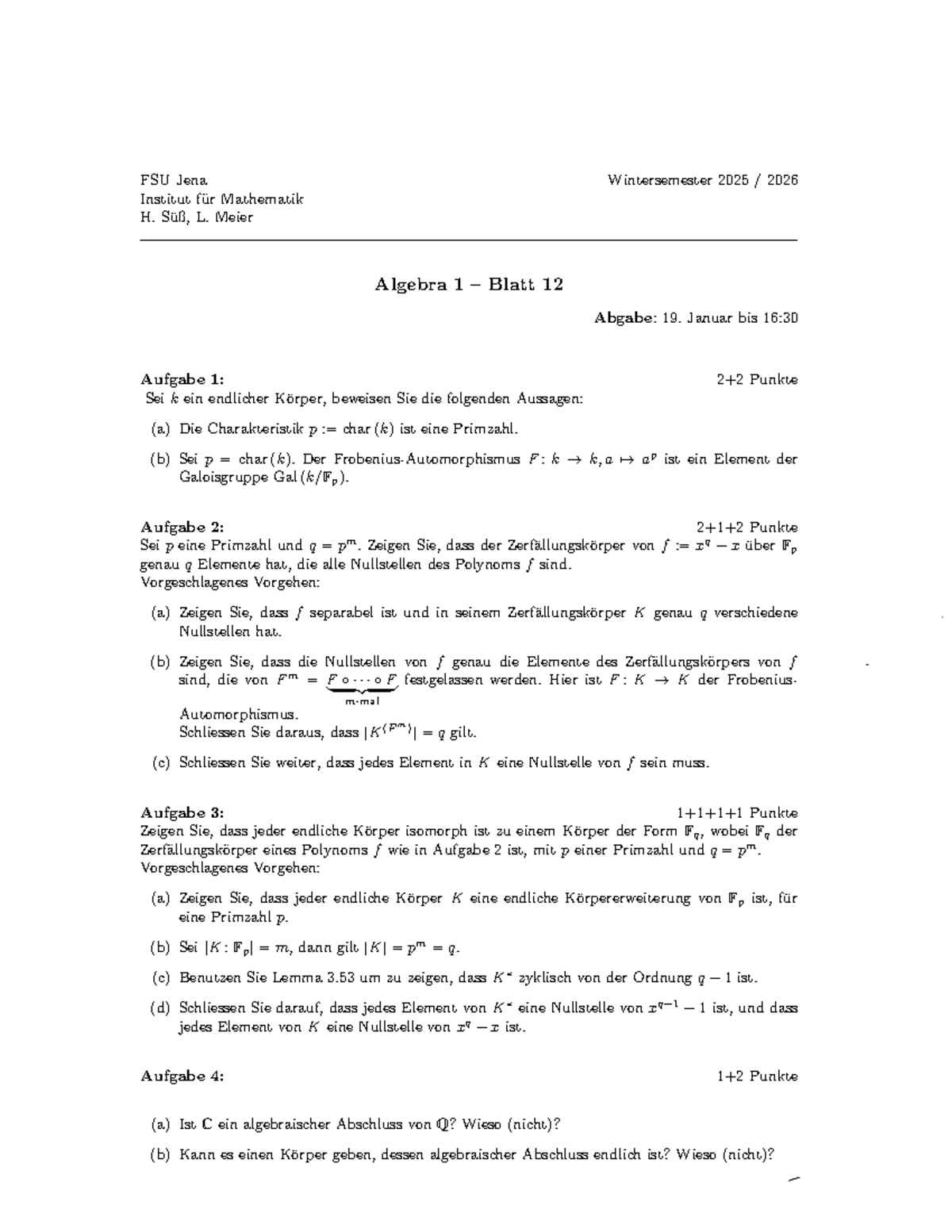 Algebra 1 Blatt 12 Lösungen - FSU Jena Wintersemester 2025/2026 - Studocu