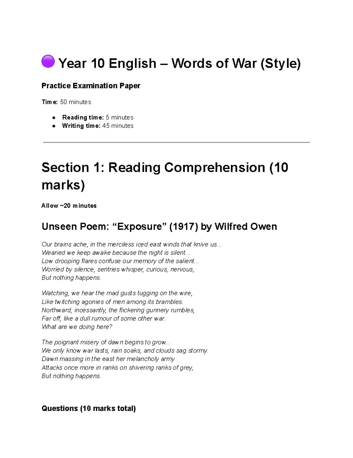 Year 10 English Exam 1: Reading Comprehension of "Words of War" - Studocu