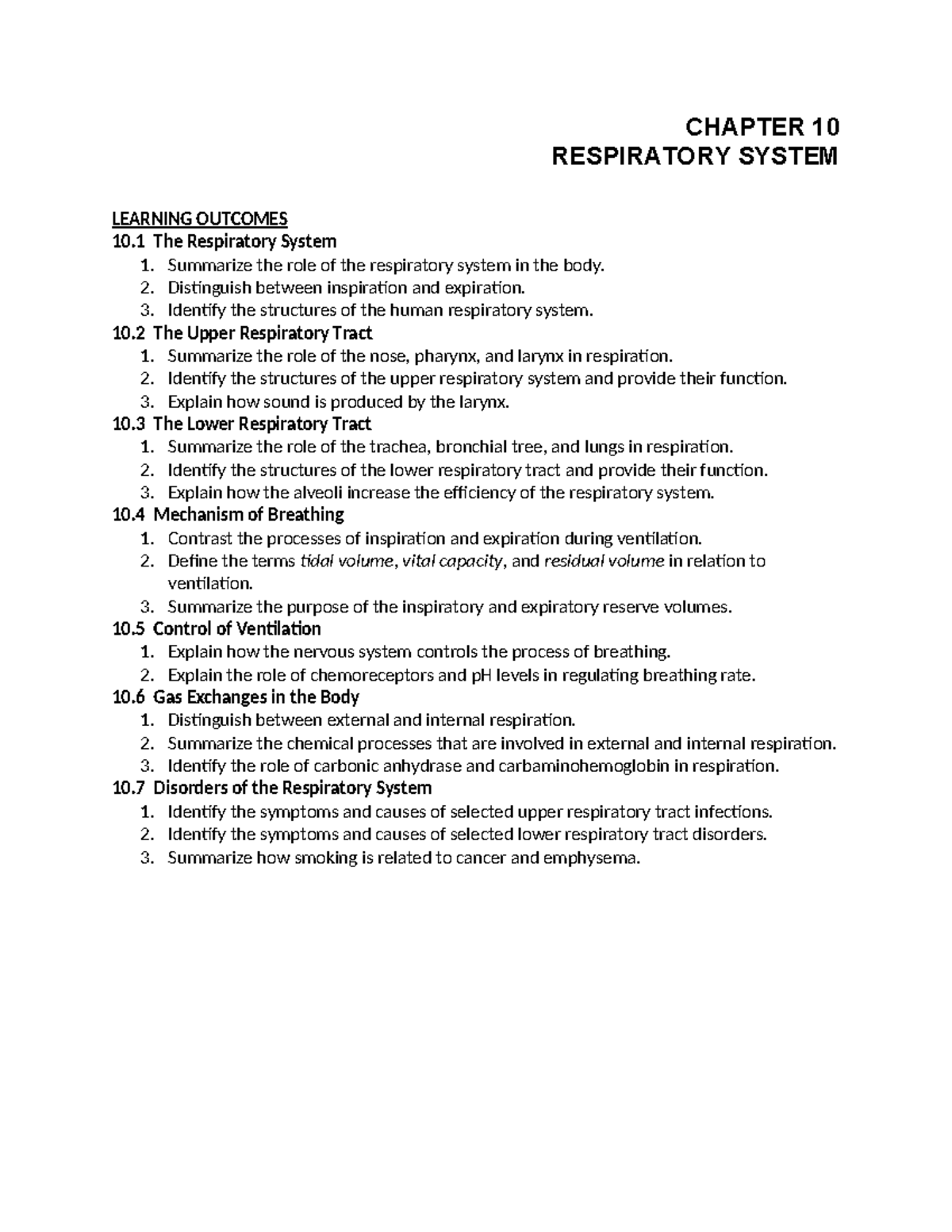 Respiratory System Overview: Chapter 10 Learning Outcomes - CHAPTER 10 ...