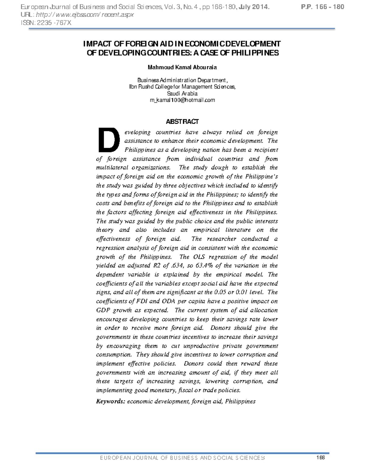 Impact of Foreign Aid on Economic Development in the Philippines: A ...