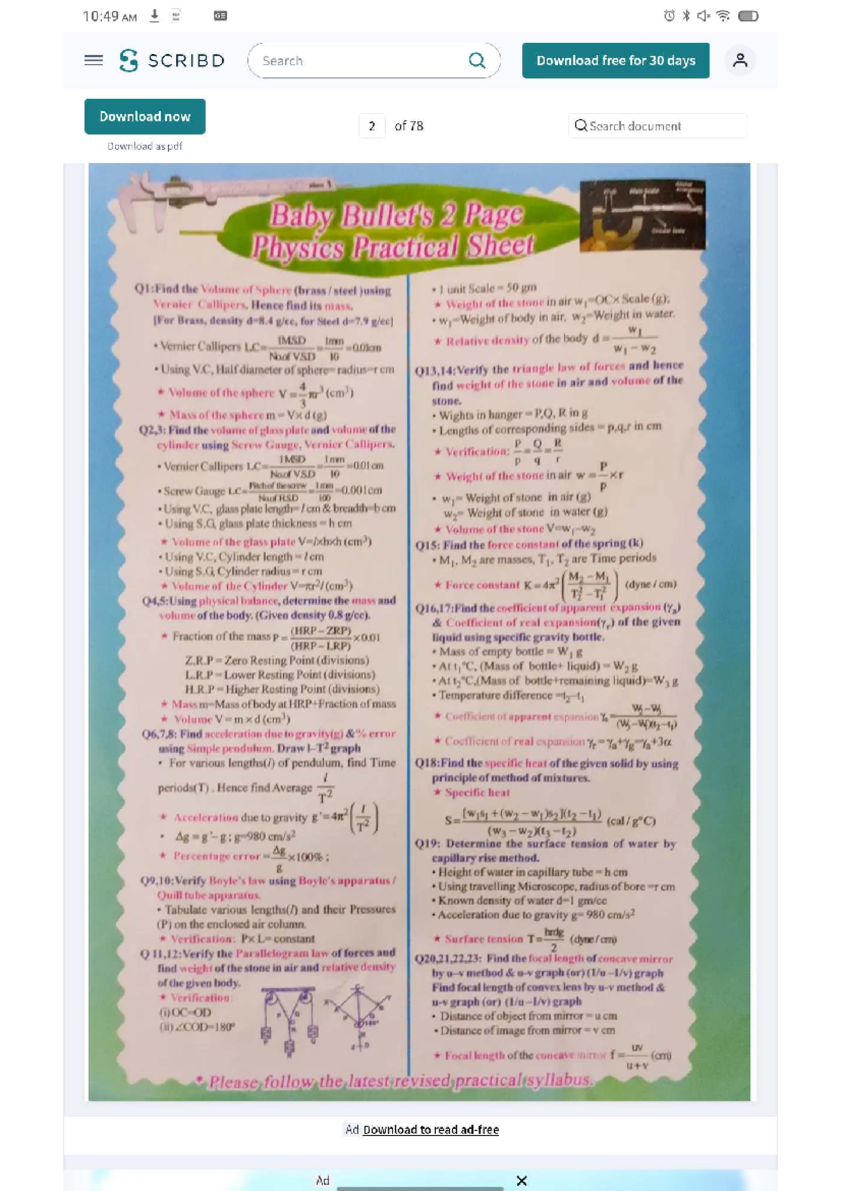 Physics Practical Sheet for GE 6: Volume, Density, and Forces - Studocu