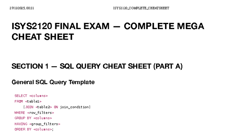ISYS2120 FINAL EXAM COMPLETE SQL & RA CHEAT SHEET - Studocu