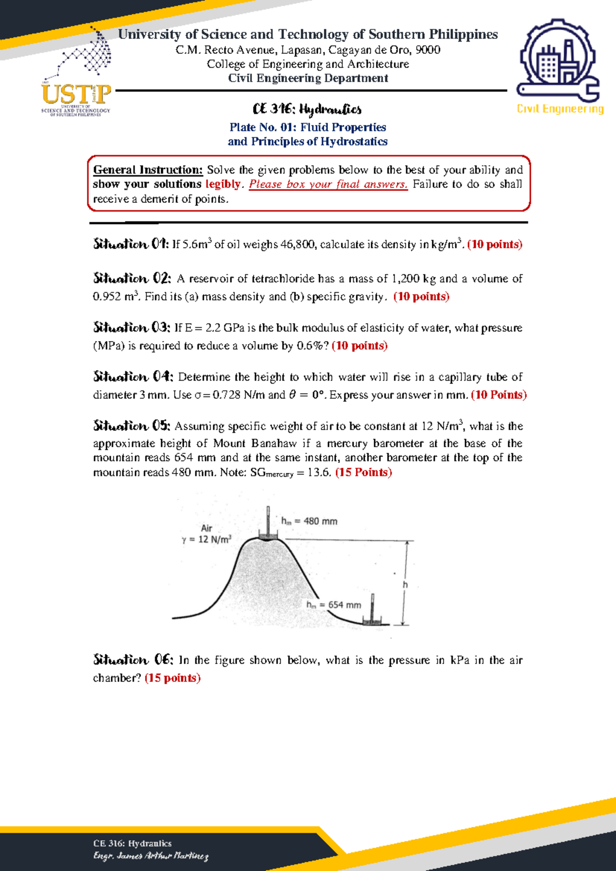 CE 316: Hydraulics Plate No. 01 - Fluid Properties Practice Problems - Studocu