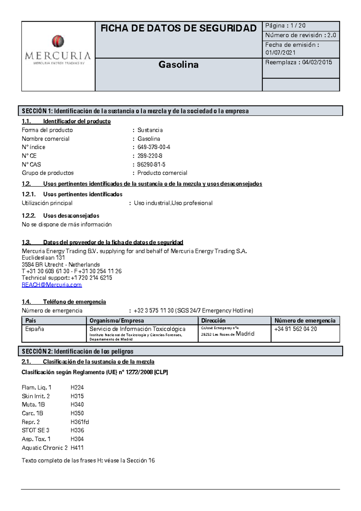FDS Gasolina - Mercuria Energy Trading - Seguridad y Manejo - Studocu