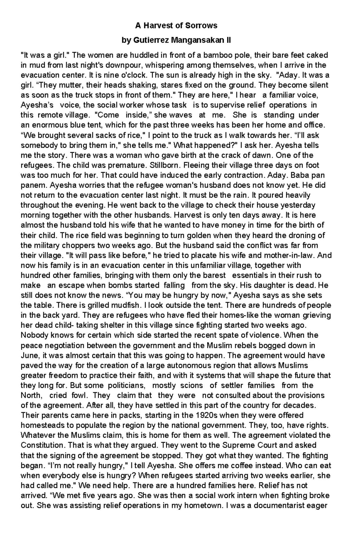 Grade 11 Essay Notes: A Harvest of Sorrows Analysis - Studocu