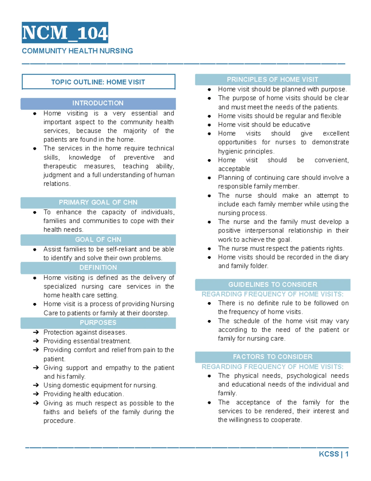 HOME Visit - CHN (NCM_104) NOTES - NCM_ COMMUNITY HEALTH NURSING - Studocu