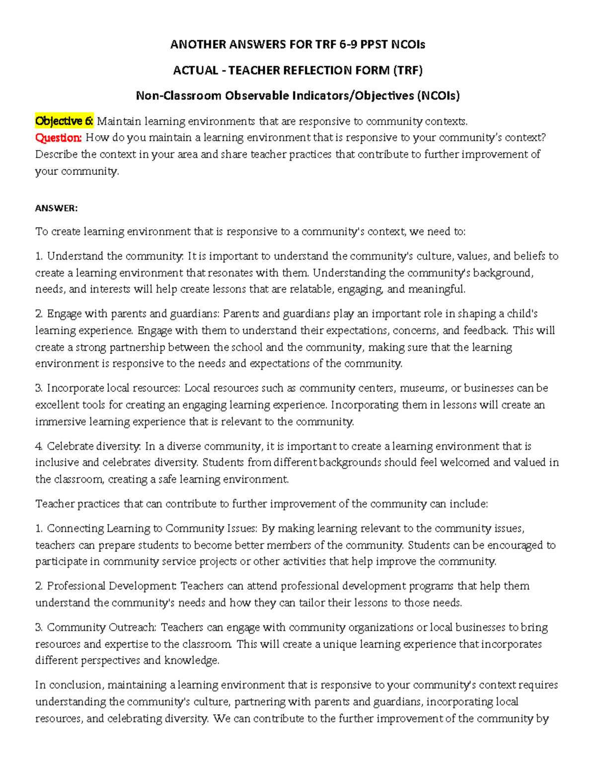 TRF PPST NCOIs: Enhancing Responsive Learning Environments - Studocu