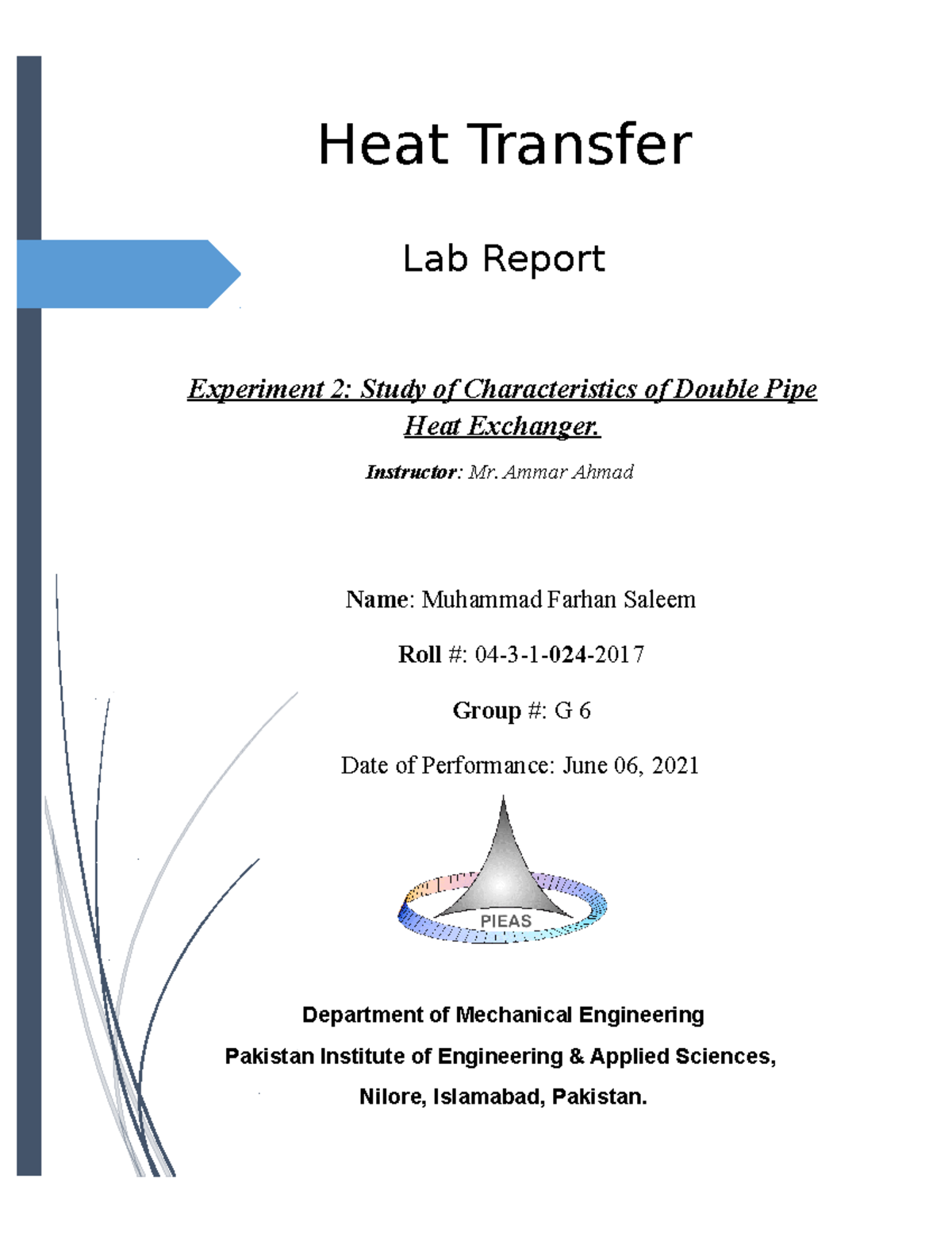 Lab 02 - Double Pipe Heat Exchanger Performance Analysis - Studocu