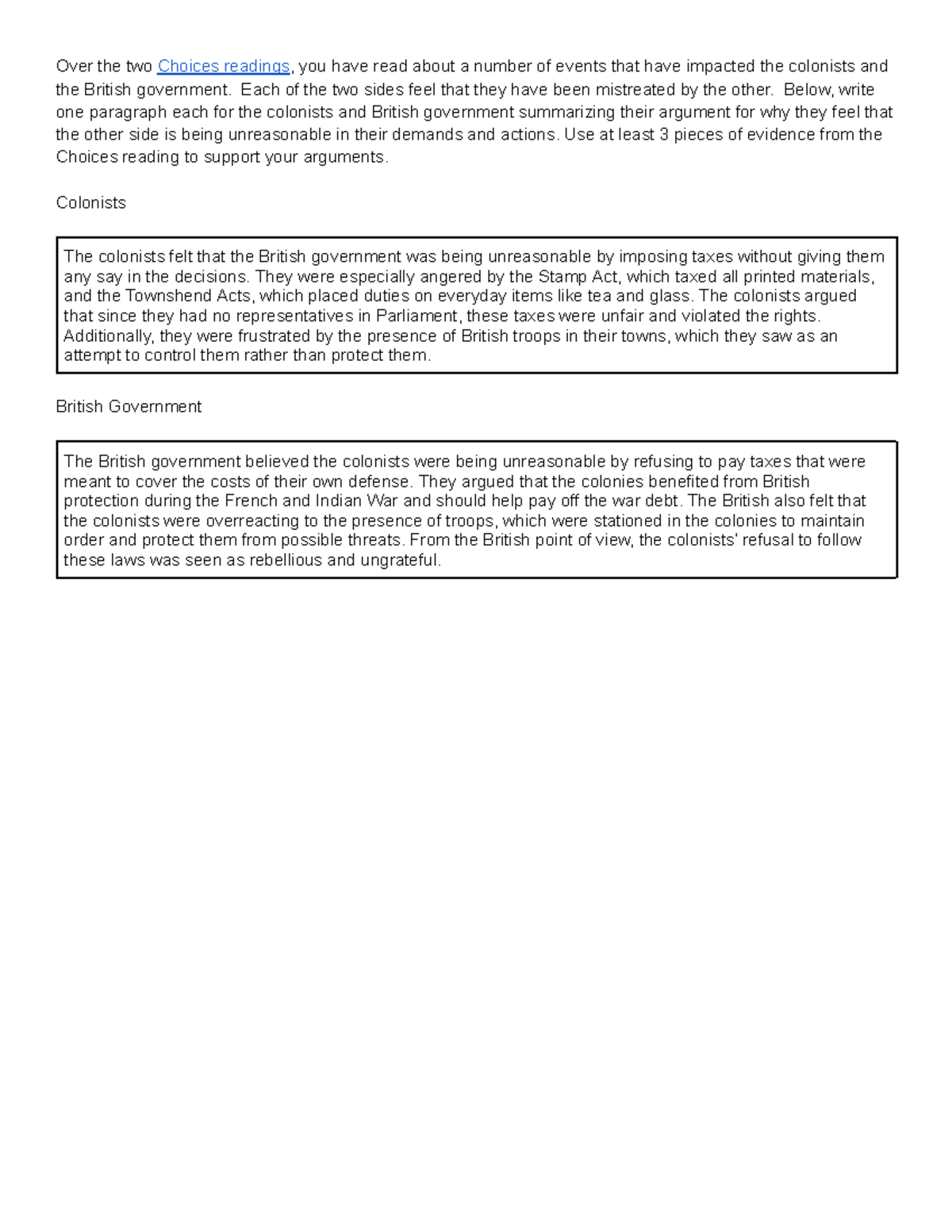 Colonists vs British Government: Arguments and Perspectives Analysis ...