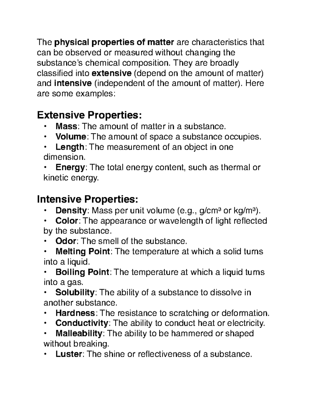 Properties of Matter: Extensive vs. Intensive Characteristics - Studocu