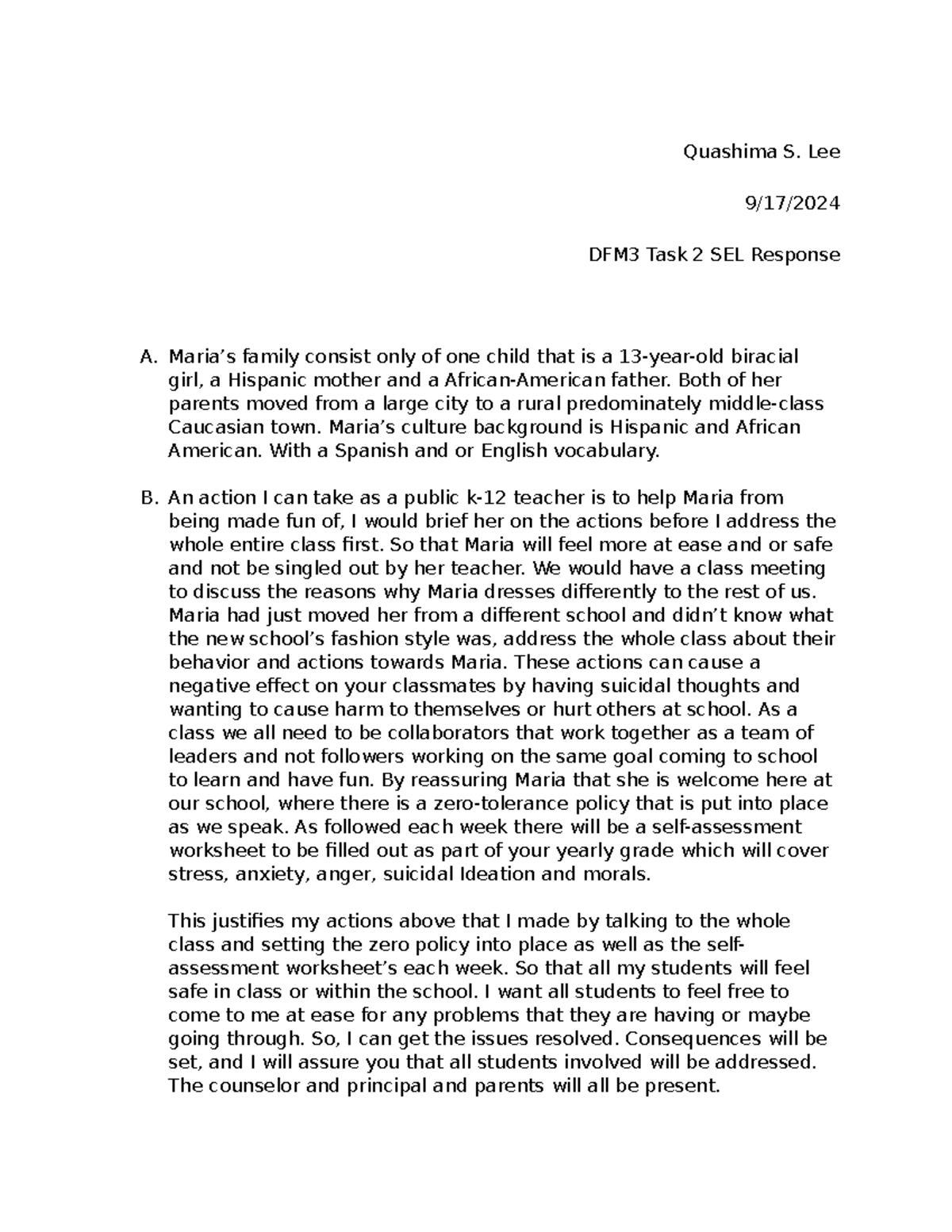 Dfm3 task 2 sel response - Quashima S. Lee 9/17/ DFM3 Task 2 SEL ...