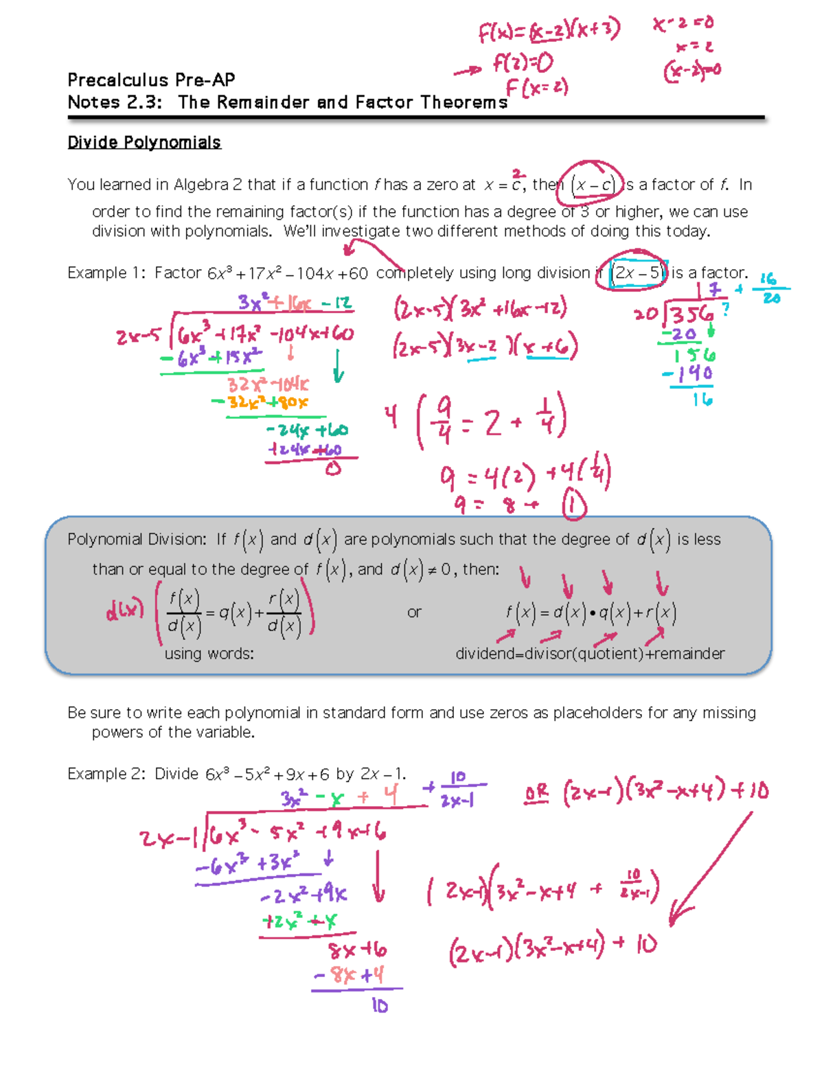 Precalculus Pre-AP: Notes on Remainder & Factor Theorems - Studocu