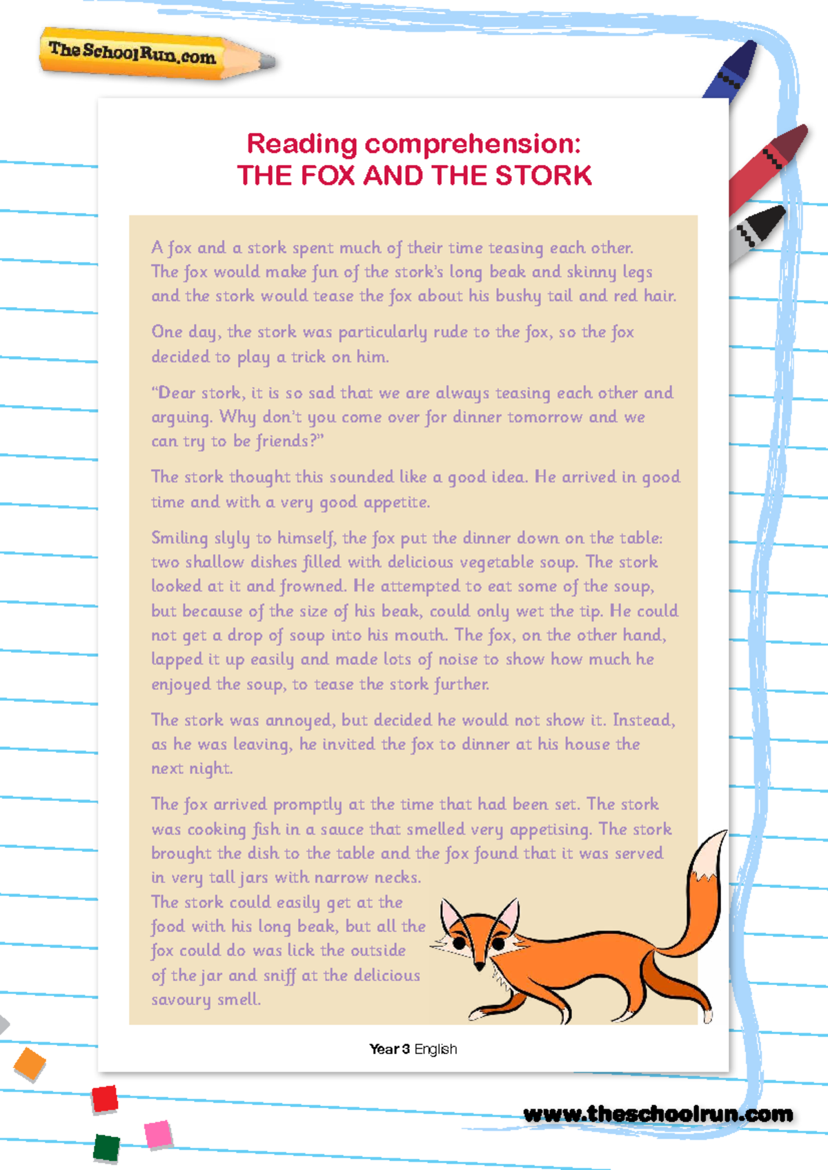 Year 3 English: Reading Comprehension - The Fox and The Stork - Studocu