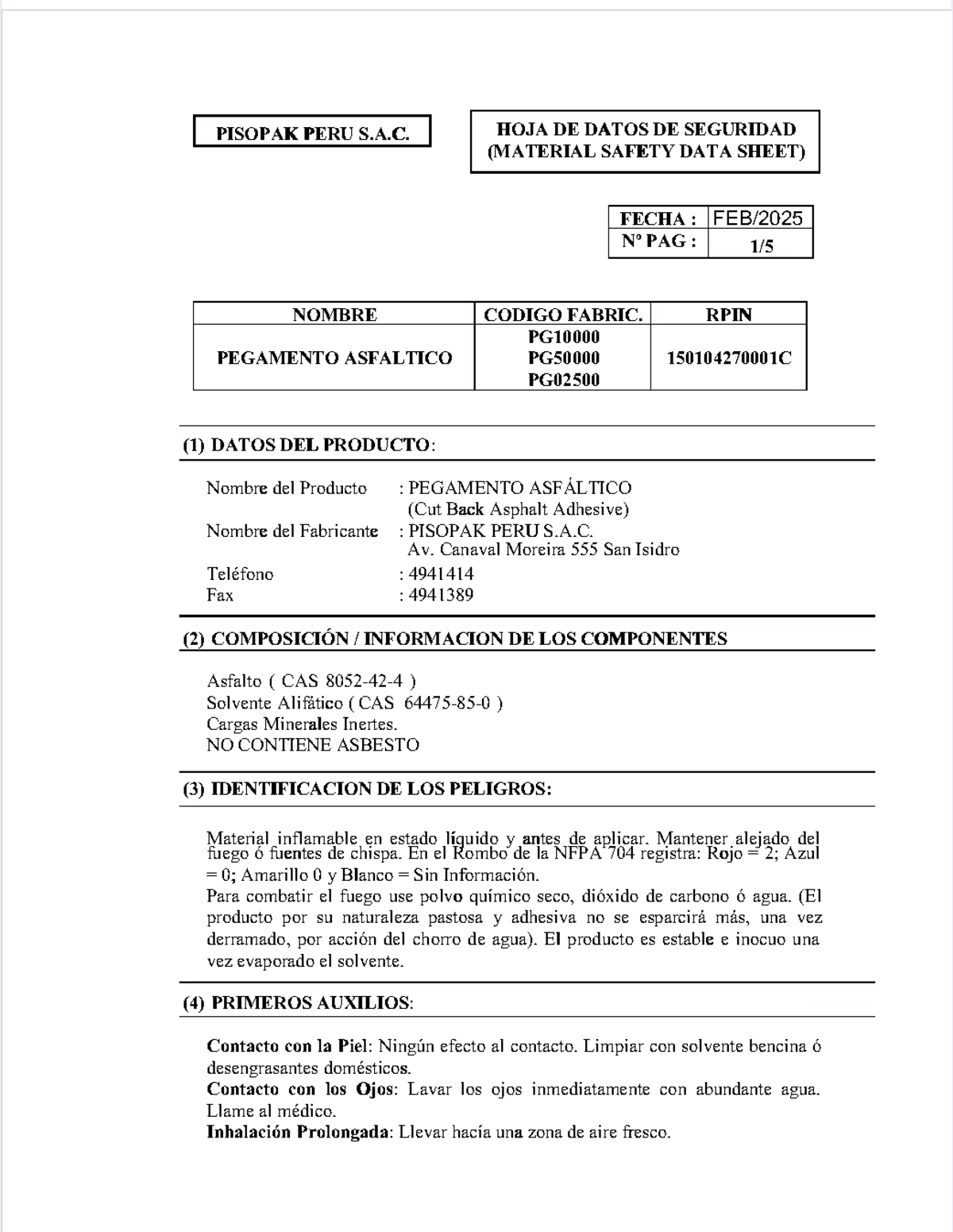 MSDS Pegamento Asfáltico PG02500 - PISOPAK PERU S.A.C. - Studocu