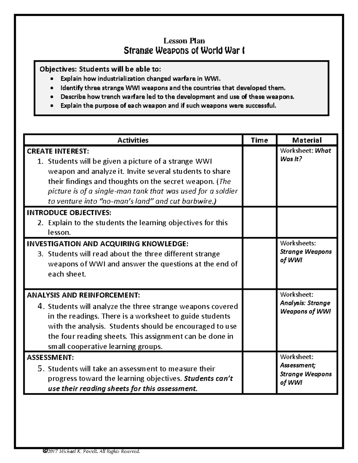 World History WWI Emergency Lesson Plan: Strange Weapons & Warfare ...