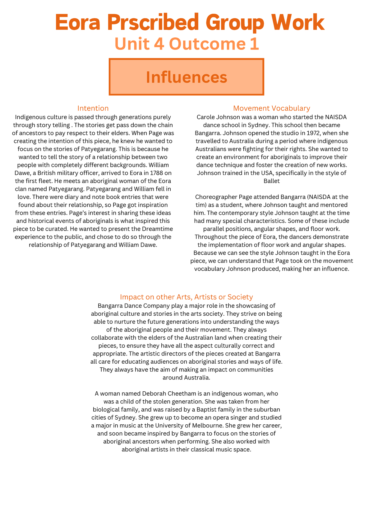 Eora Prescribed Group Work Unit 4 Outcome 1: Movement Vocabulary ...