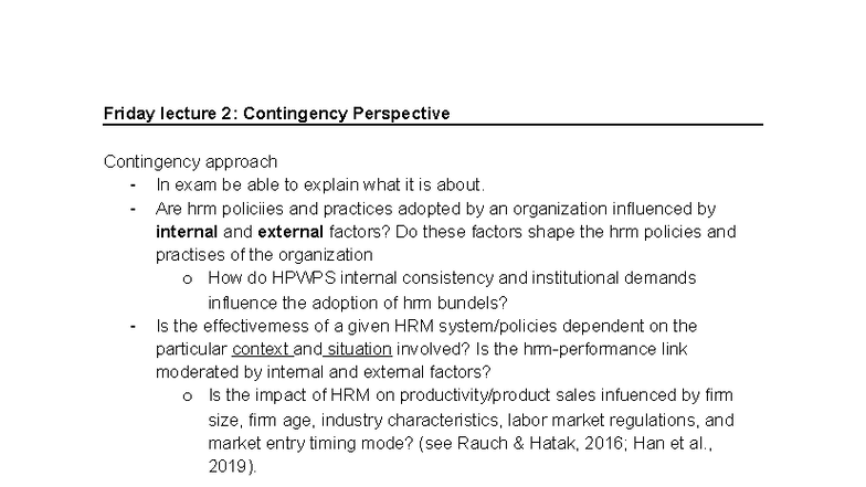 Friday Lecture 2: Contingency Perspective in HRM Practices - Studeersnel