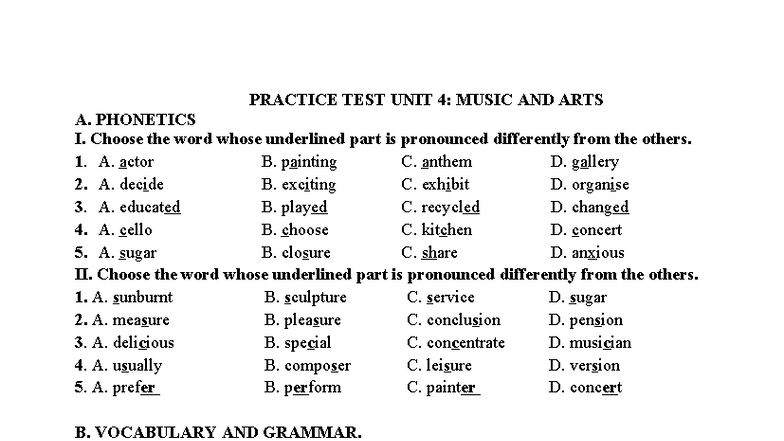 UNIT 4 PRACTICE TEST: MUSIC AND ARTS PHONETICS & GRAMMAR - Studocu