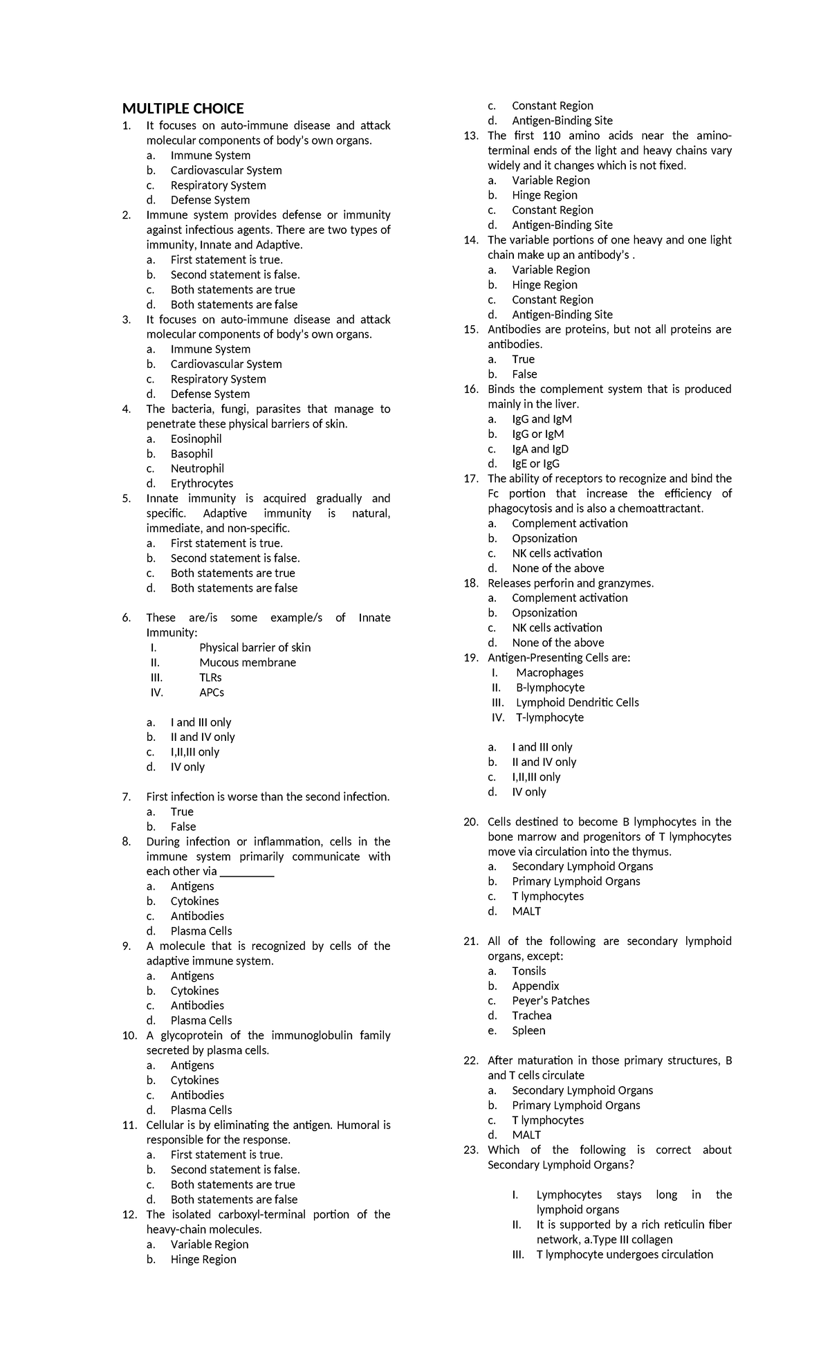 Lymphatic System MCQs Summary - Biochemistry Study Guide - Studocu