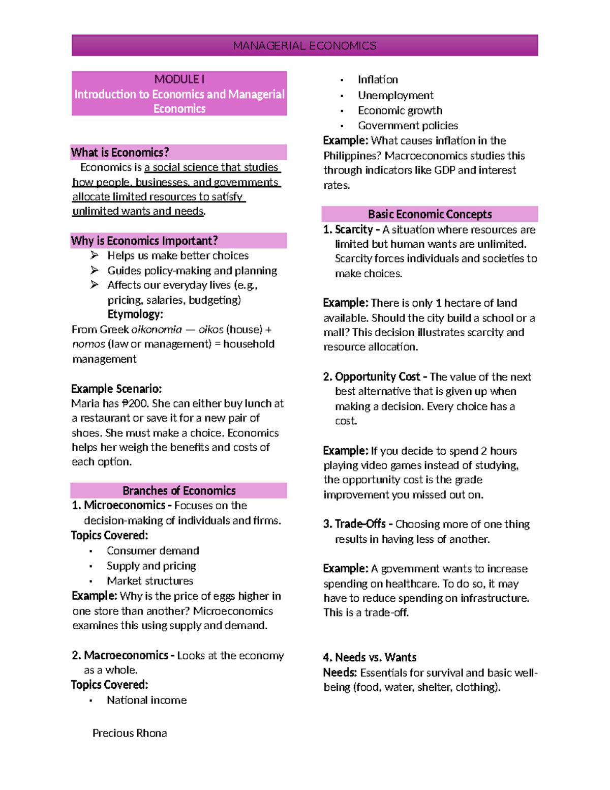 MANAGERIAL ECONOMICS MODULE I: Intro to Economics Concepts and ...