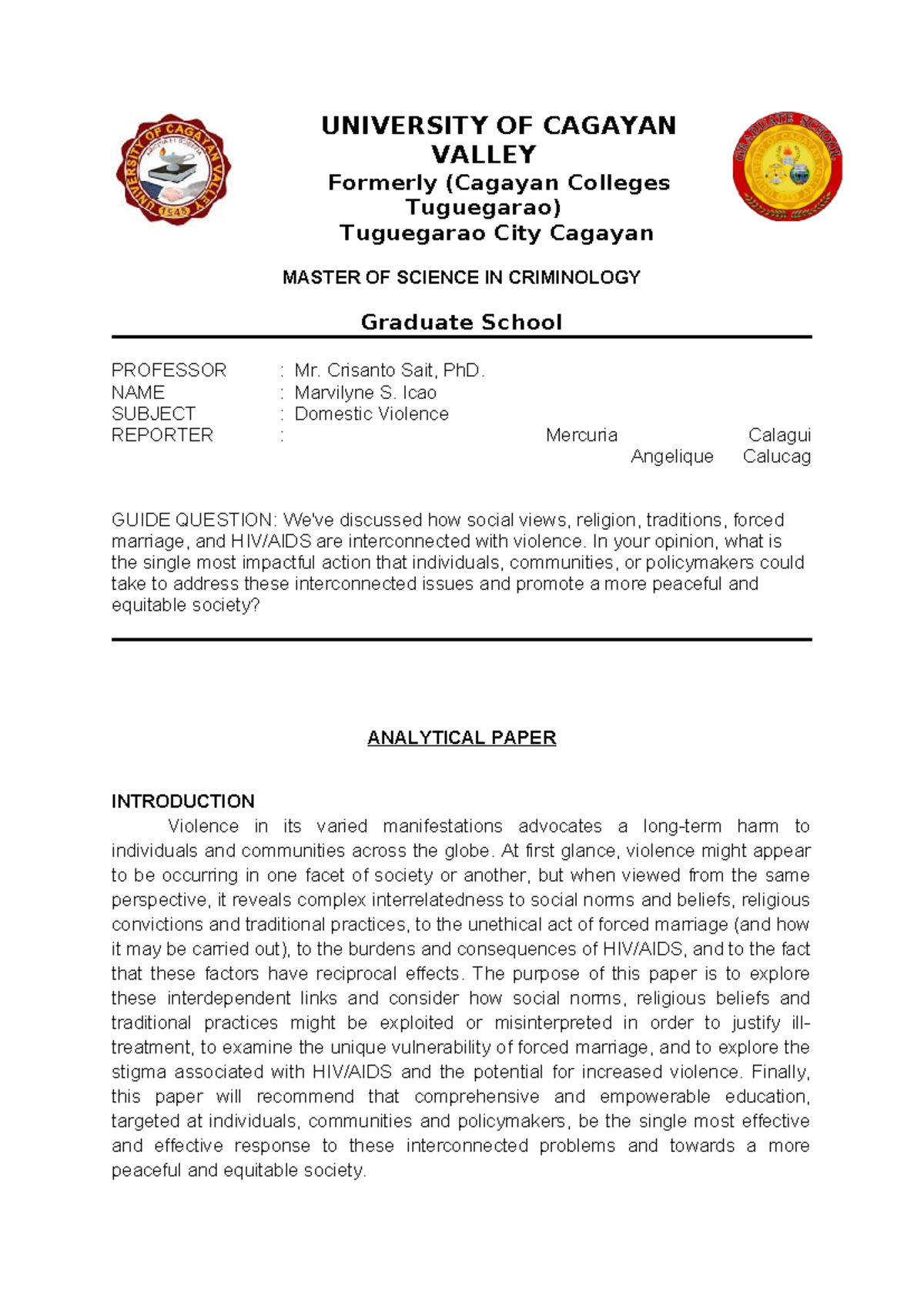 AP 4 Analytical Paper on Domestic Violence: Interconnections Explored ...