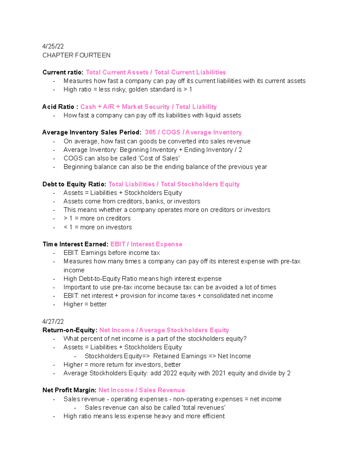 Acctg CH 14 - Class notes on chapters covered in class - 4/25/ CHAPTER ...