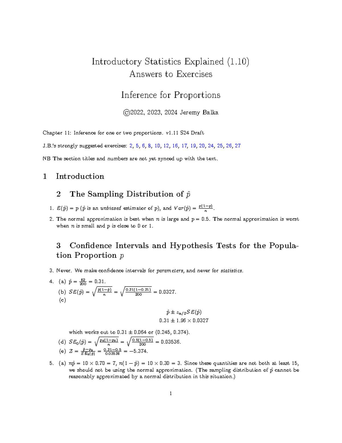 Introductory Statistics (1.10) Chapter 11: Proportions Exercises ...
