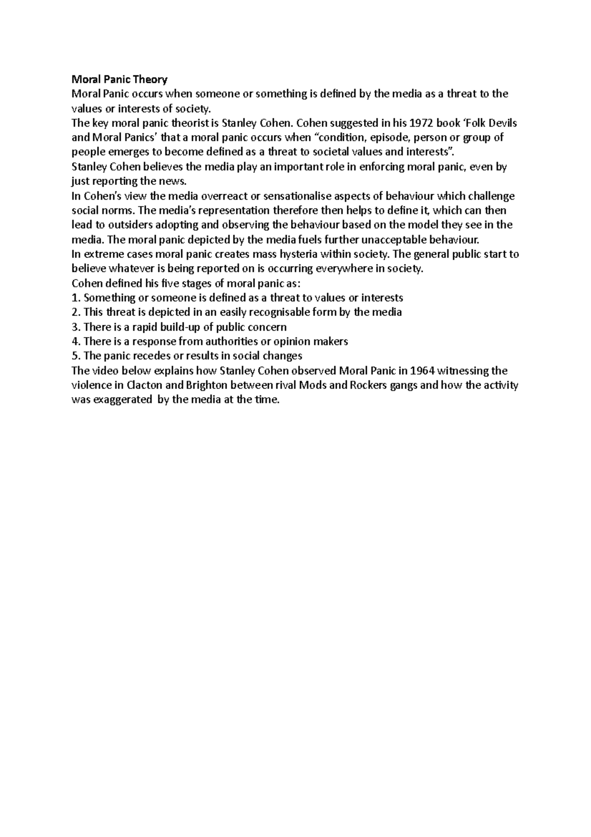 Moral Panic Theory - Moral Panic Theory Moral Panic occurs when someone ...