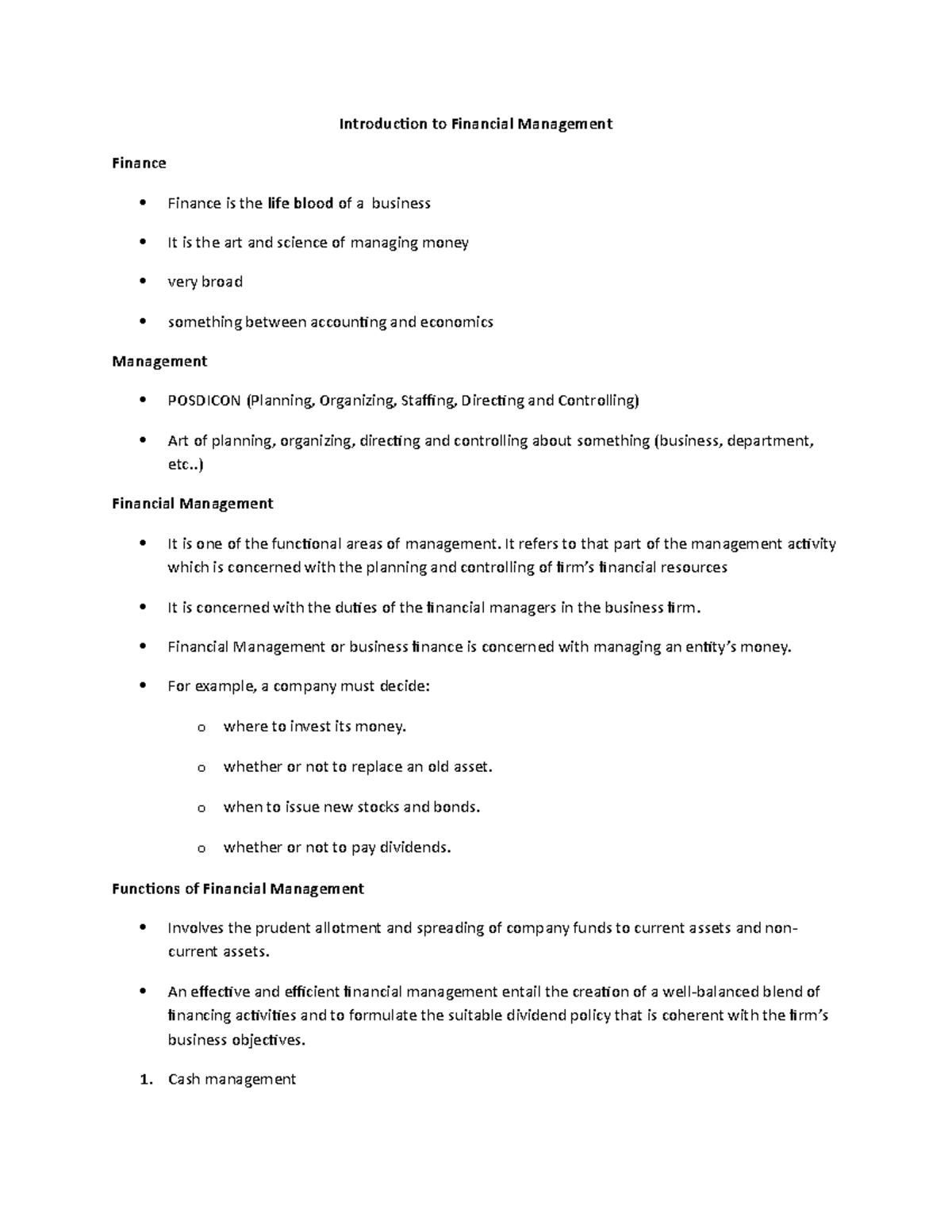 Introduction to Financial Management - Notes - Introduction to ...