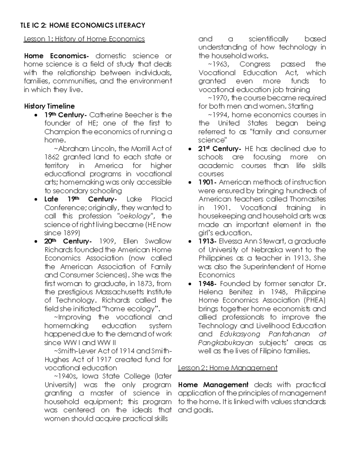 TLE-HE - Lessons on Home Economics: History & Management - Studocu