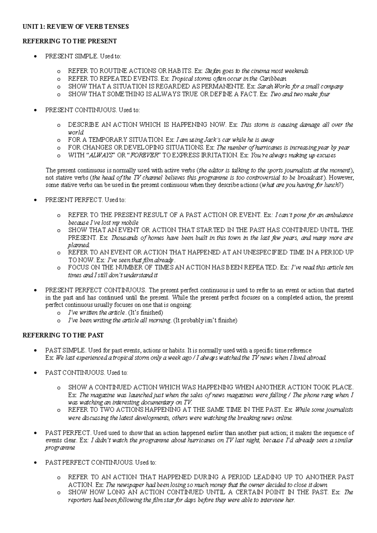 UNIT 1: REVIEW OF VERB TENSES IN ENGLISH GRAMMAR NOTES - Studocu
