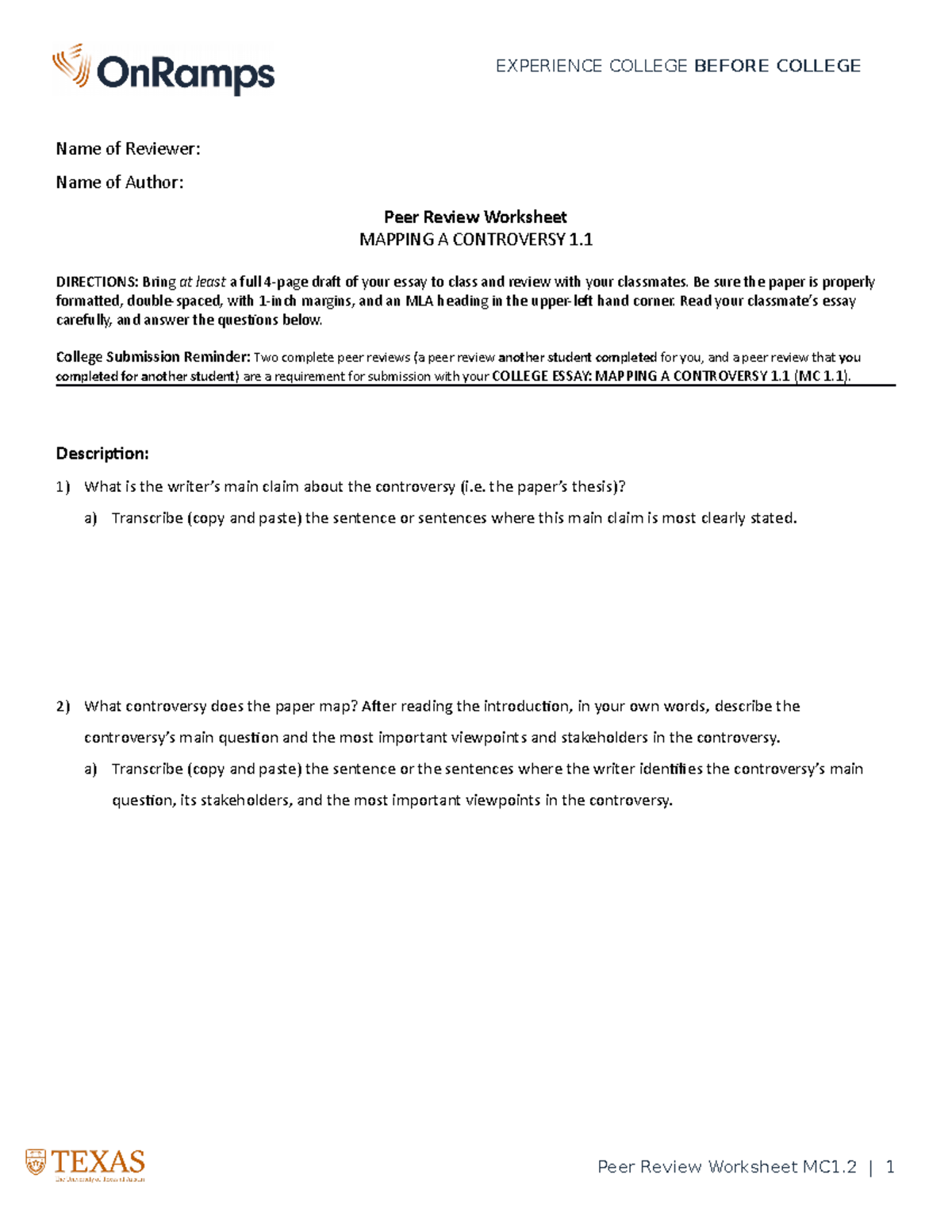 Peer Review Guidelines for MC 1.1 Essay: Mapping a Controversy - Studocu
