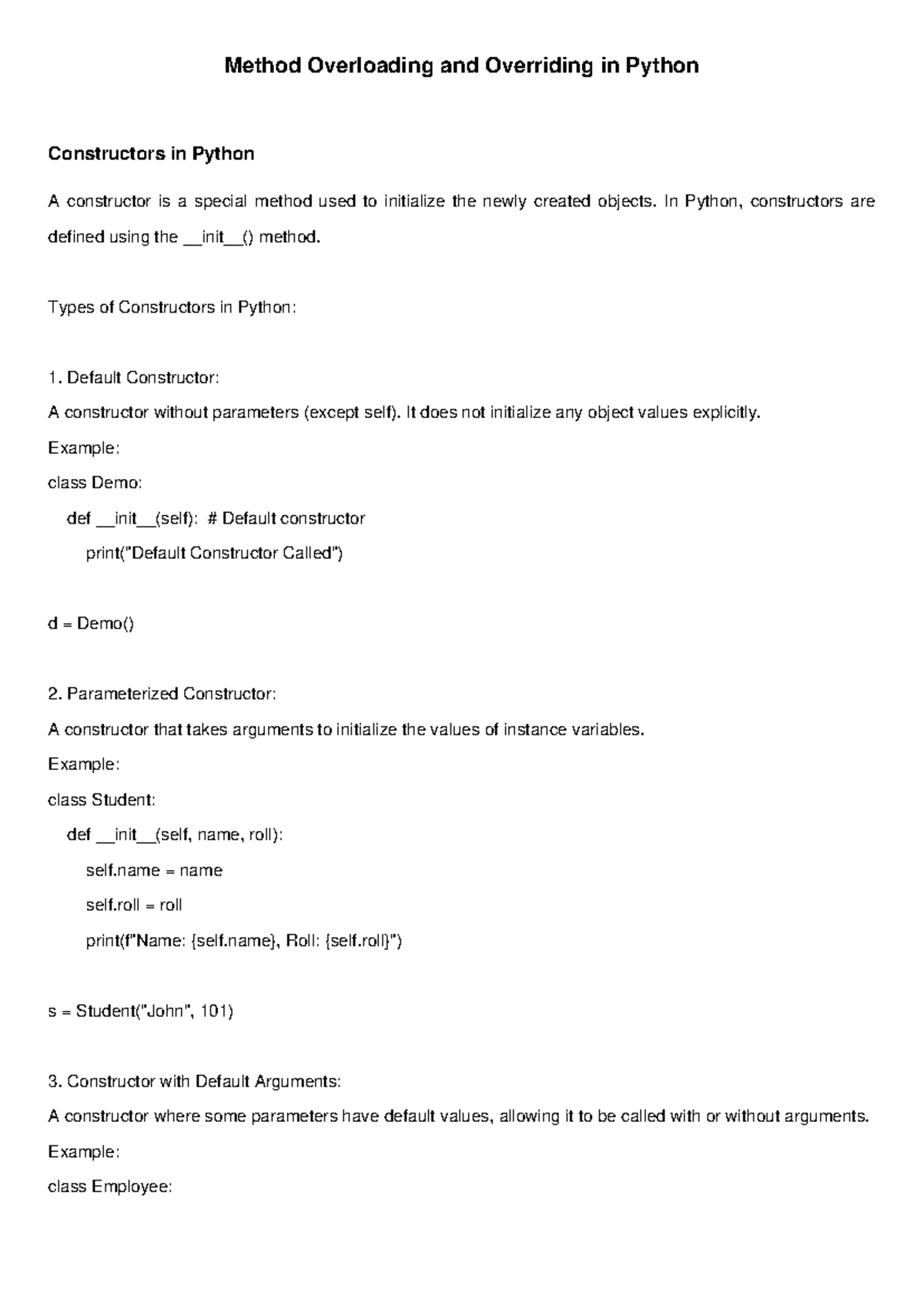 Python Constructors and Destructors: Method Overloading & Overriding - Studocu
