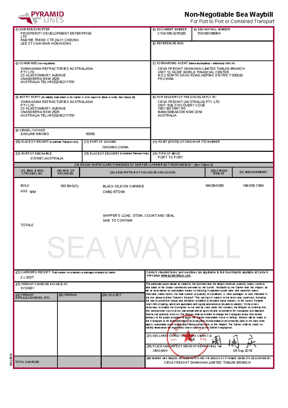 Sea Waybill for Port to Port Transport - TSN180196064 - Studocu