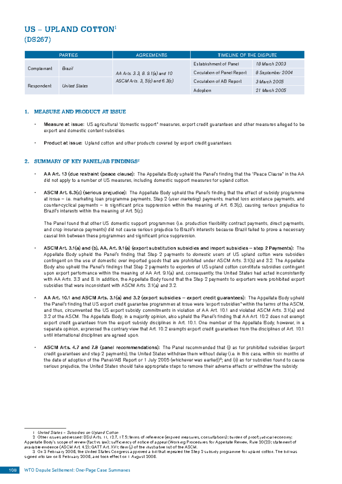WTO Dispute Settlement: Upland Cotton Case (DS267) Summary Notes - Studocu