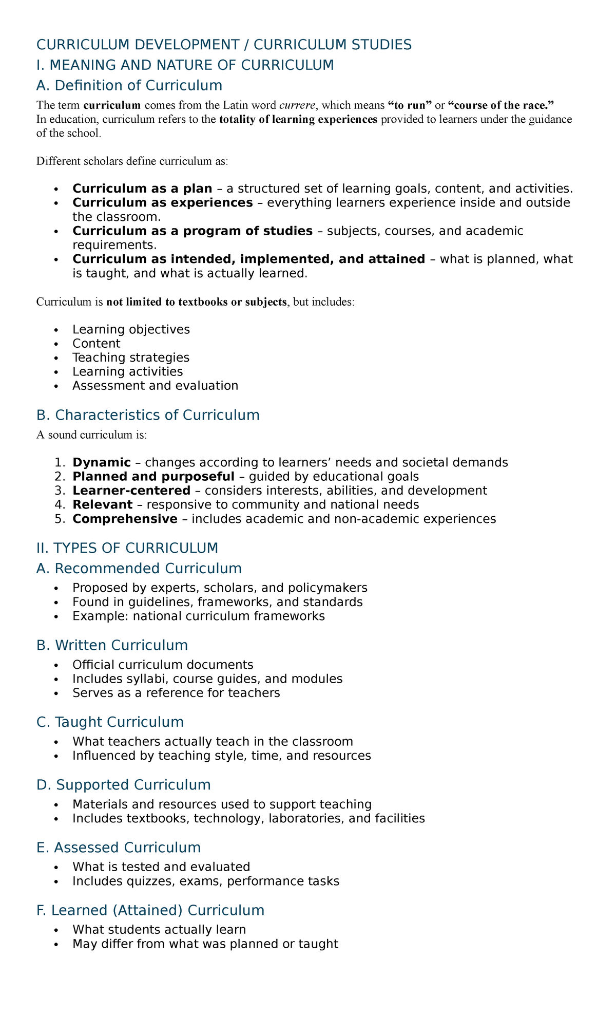 CURRICULUM STUDIES I: MEANING, NATURE, AND TYPES OF CURRICULUM - Studocu