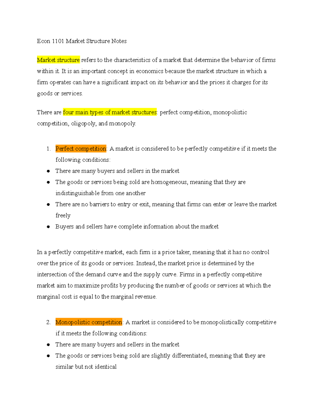 Market Structure Overview - ECON 1101 LECTURE NOTES - Studocu