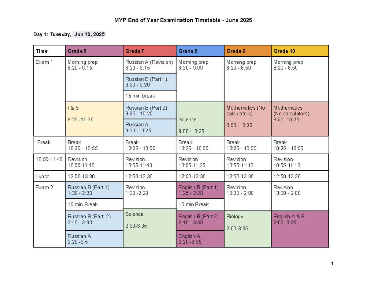 MYP EOY Exam Timetable June 2025: Grades 6-10 Schedule - Studocu