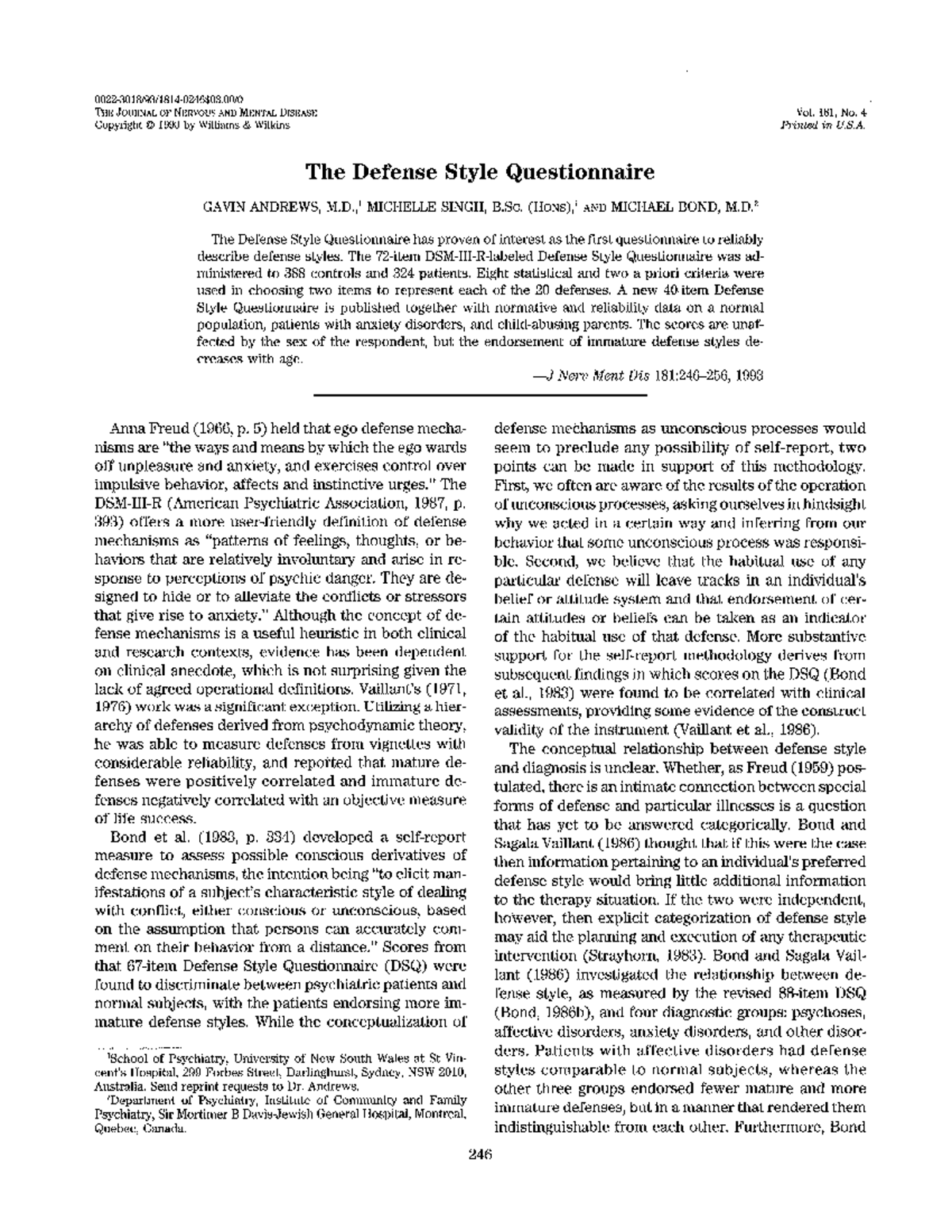 The Defense Style Questionnaire: Insights and Findings from 1993 - Studocu